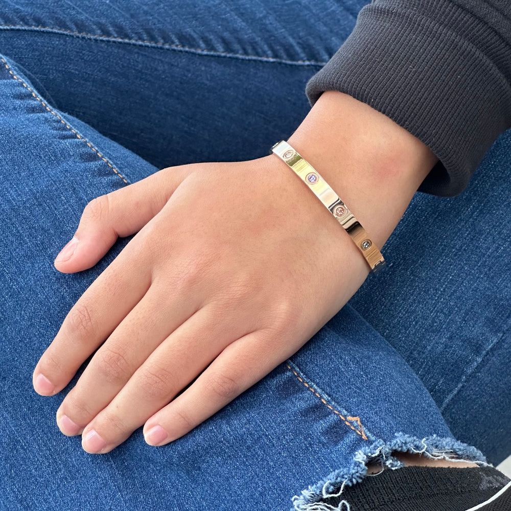 Gold Screw Bracelet Bezel Set Stone Encrusted Hinged Friendship Bracelet