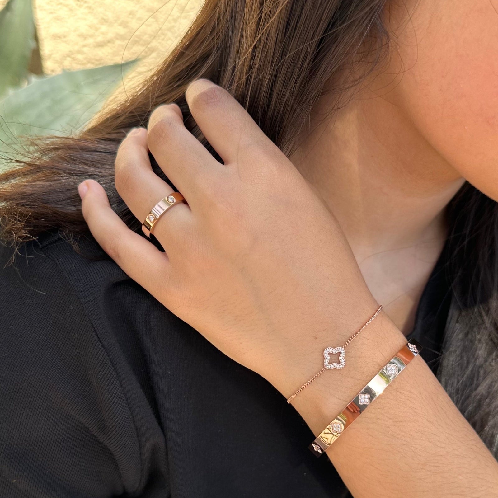 Clover Cuff Bangle Bracelet, Encrusted 4 Leaf Clover Bracelet, Clover Diamond Bracelet