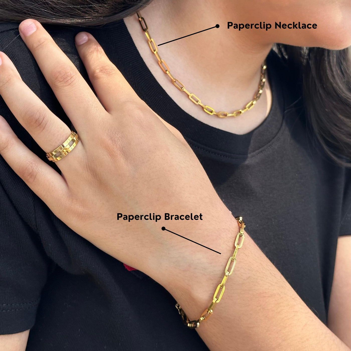 18k Gold Paperclip Jewelry Set - Paperclip Chain Bracelet + Gold ...